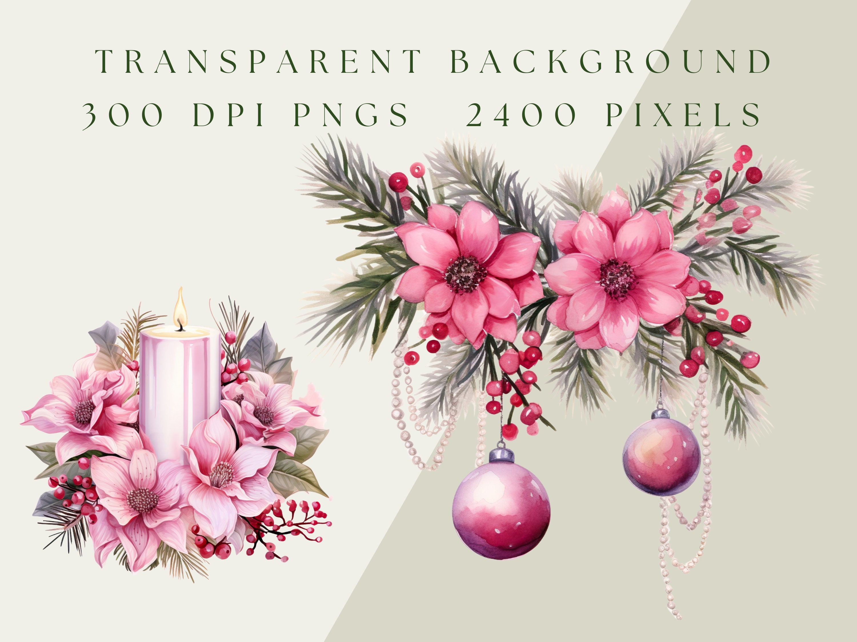 Pink Christmas Greenery Clip Art. Pastel Watercolor PNG Bundle. Candy ...