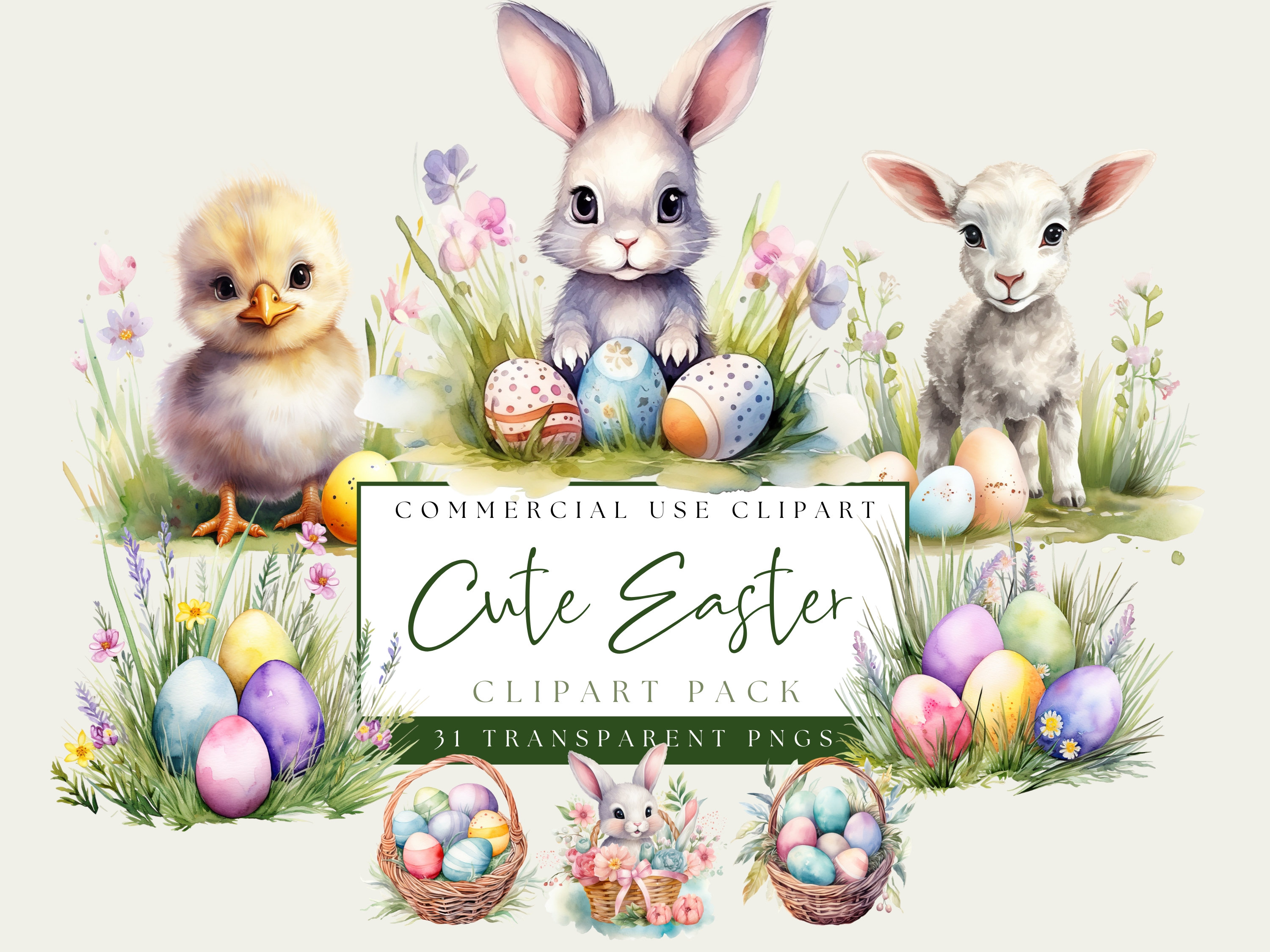 Watercolor Easter Clipart. Spring Bundle. Cute Baby Animal PNG. Bunny ...
