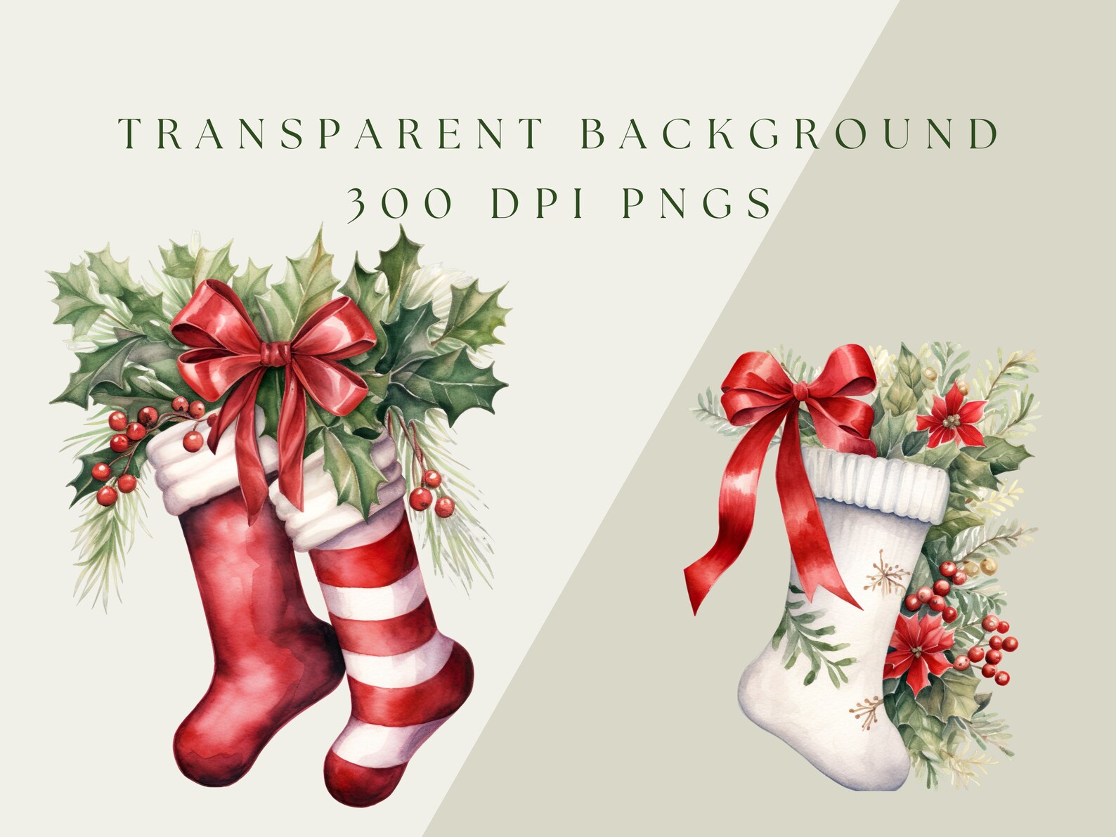 Christmas Stockings Clipart. Watercolor Red and White Xmas PNG. Holiday ...