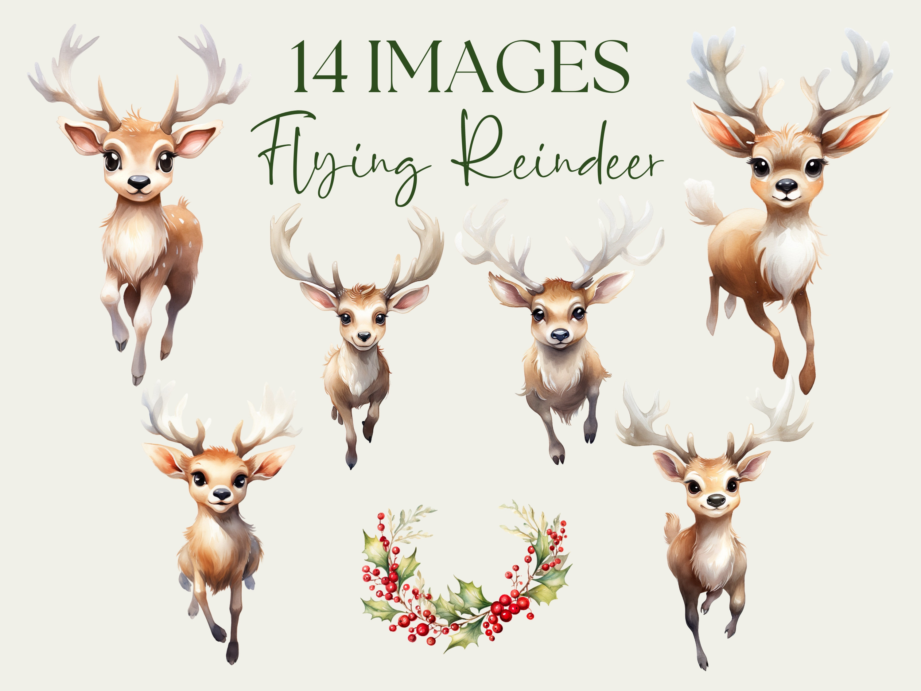 Flying Reindeer Christmas Clip Art. Watercolor PNG Bundle. Commercial ...