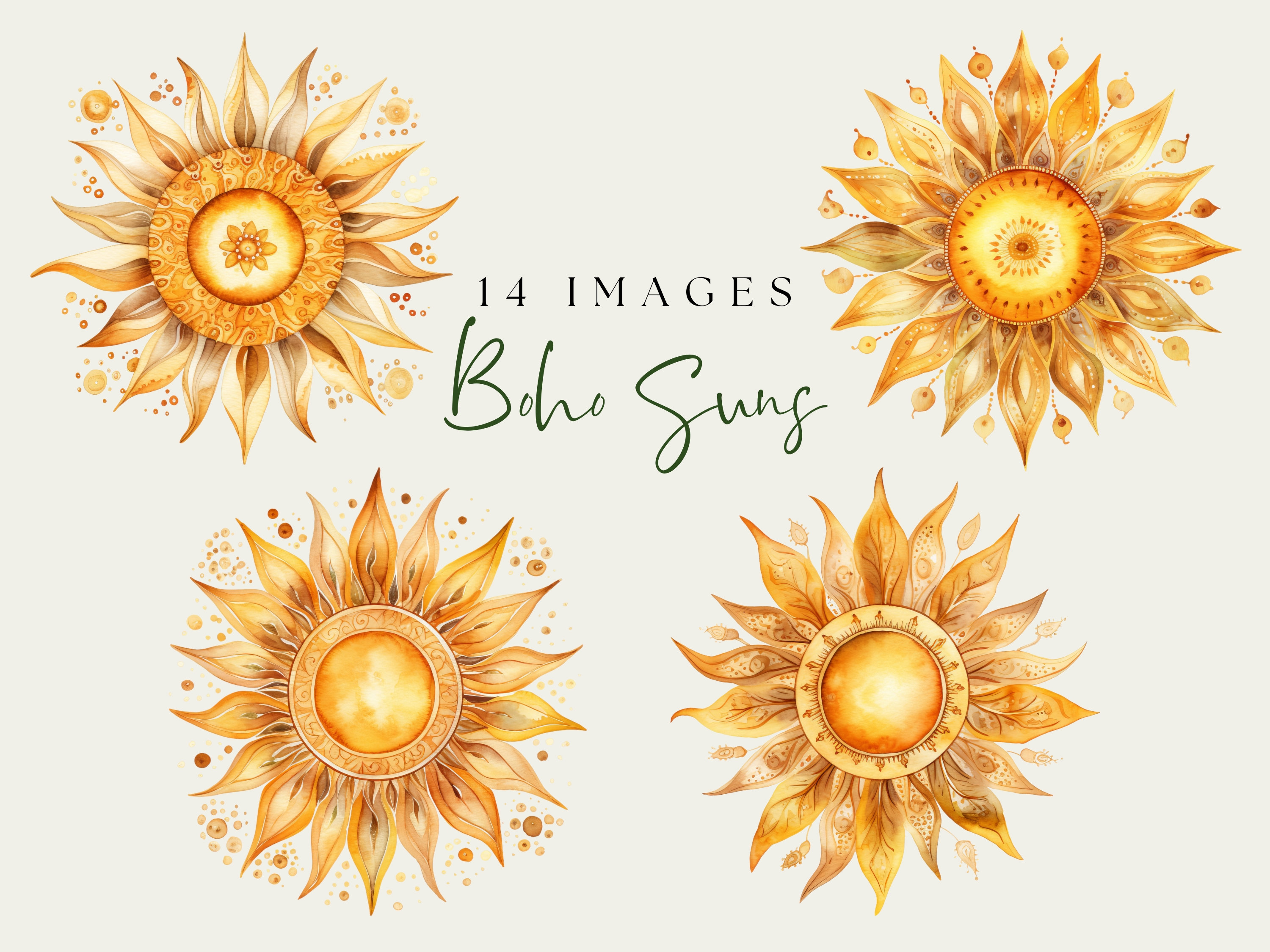 Boho Sun Clipart. Watercolor Bohemian Sunshine Images. Celestial ...