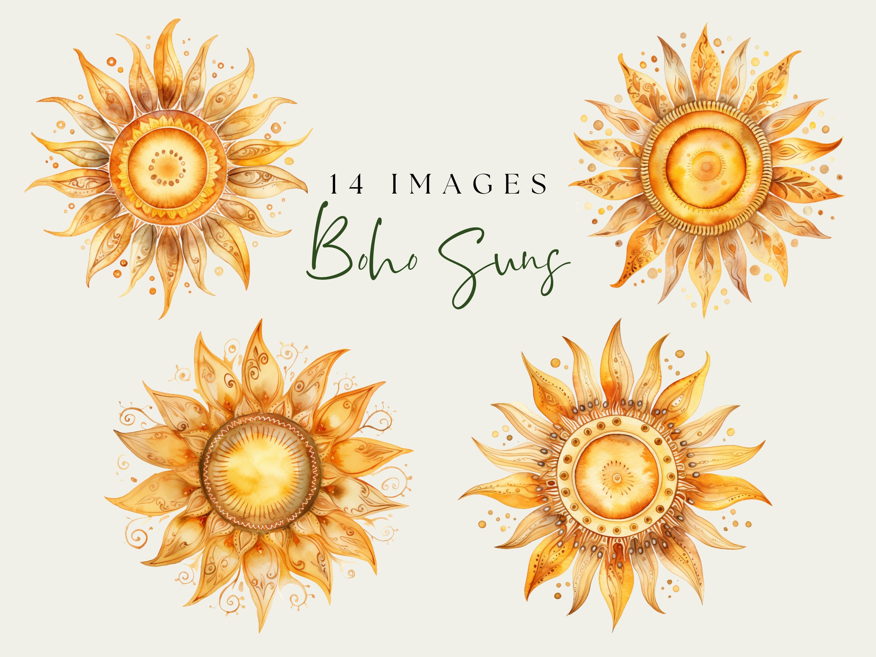 Boho Sun Clipart. Watercolor Bohemian Sunshine Images. Celestial ...
