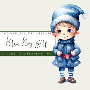 Blue Boy Elf Clipart. Watercolor Christmas Image. Festive Holiday PNG ...