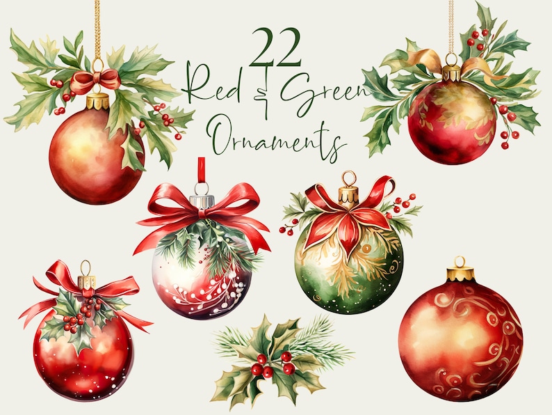 Watercolor Christmas Ornaments Clip Art. Red and Green Xmas - Etsy