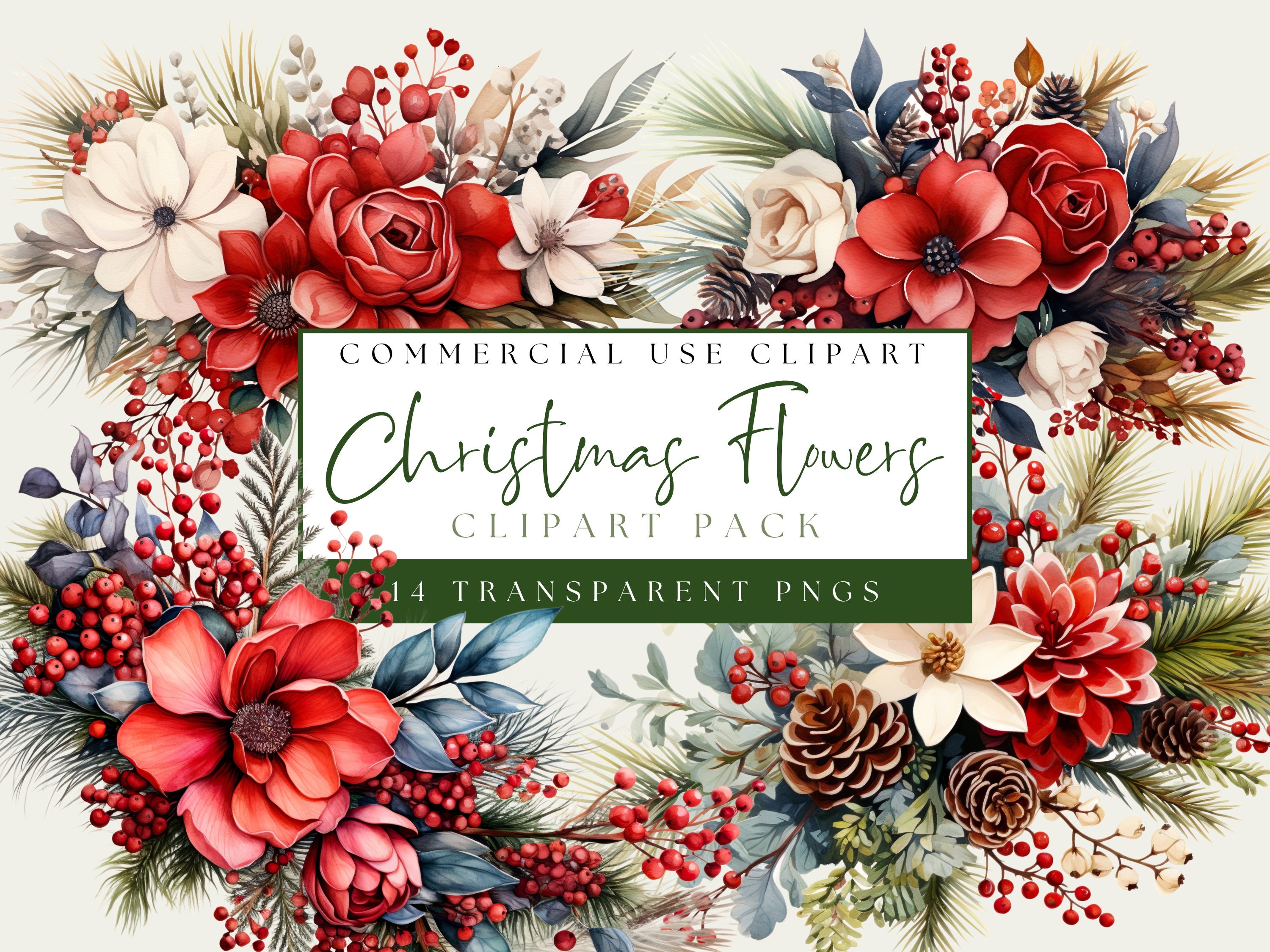 Christmas Flowers Clip Art. Watercolor PNG Bundle. Xmas Florals. Vivid ...