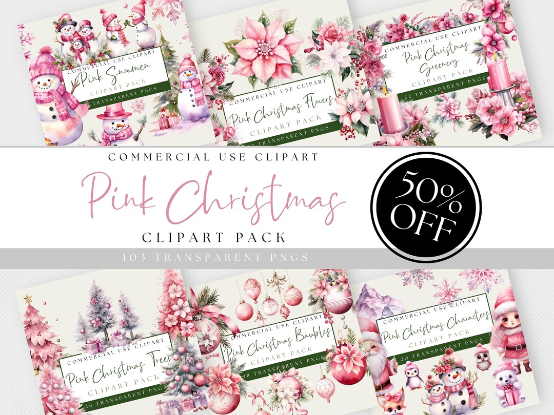 Pink Christmas Clipart Bundle. Pastel Watercolor PNG Bundle. Candy Pink ...