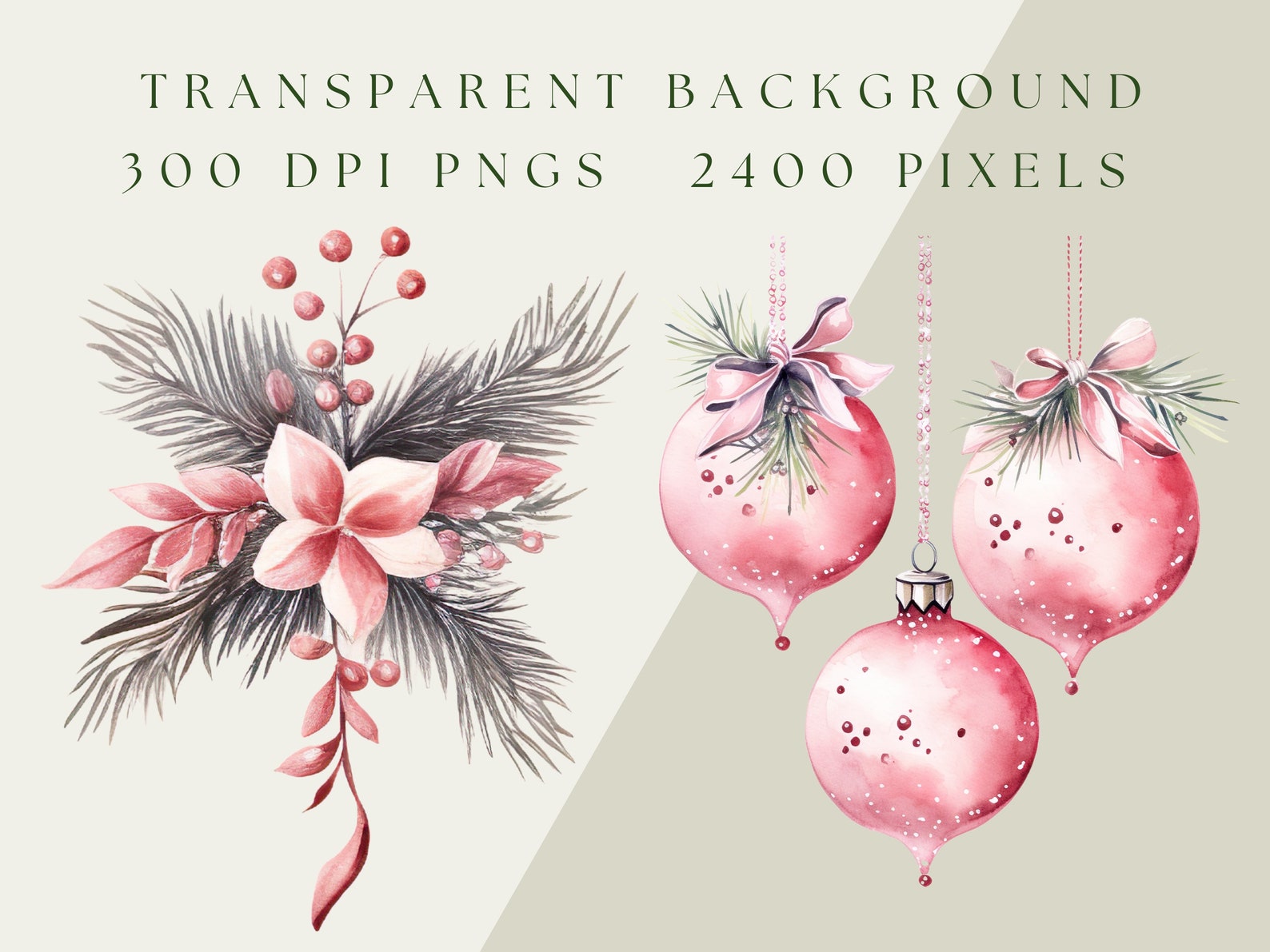 Pink Pastel Christmas Clip Art. Watercolor Xmas Ornaments PNG. - Etsy ...