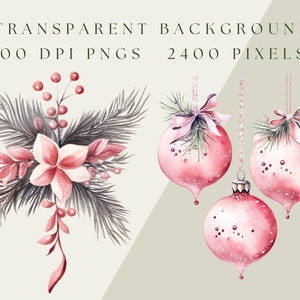 Pink Pastel Christmas Clip Art. Watercolor Xmas Ornaments PNG. Pastel ...