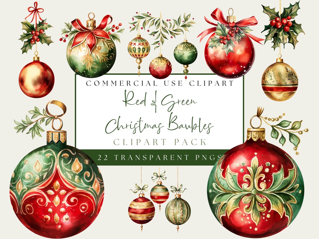 Watercolor Christmas Ornaments Clip Art. Red and Green Xmas Baubles PNG ...