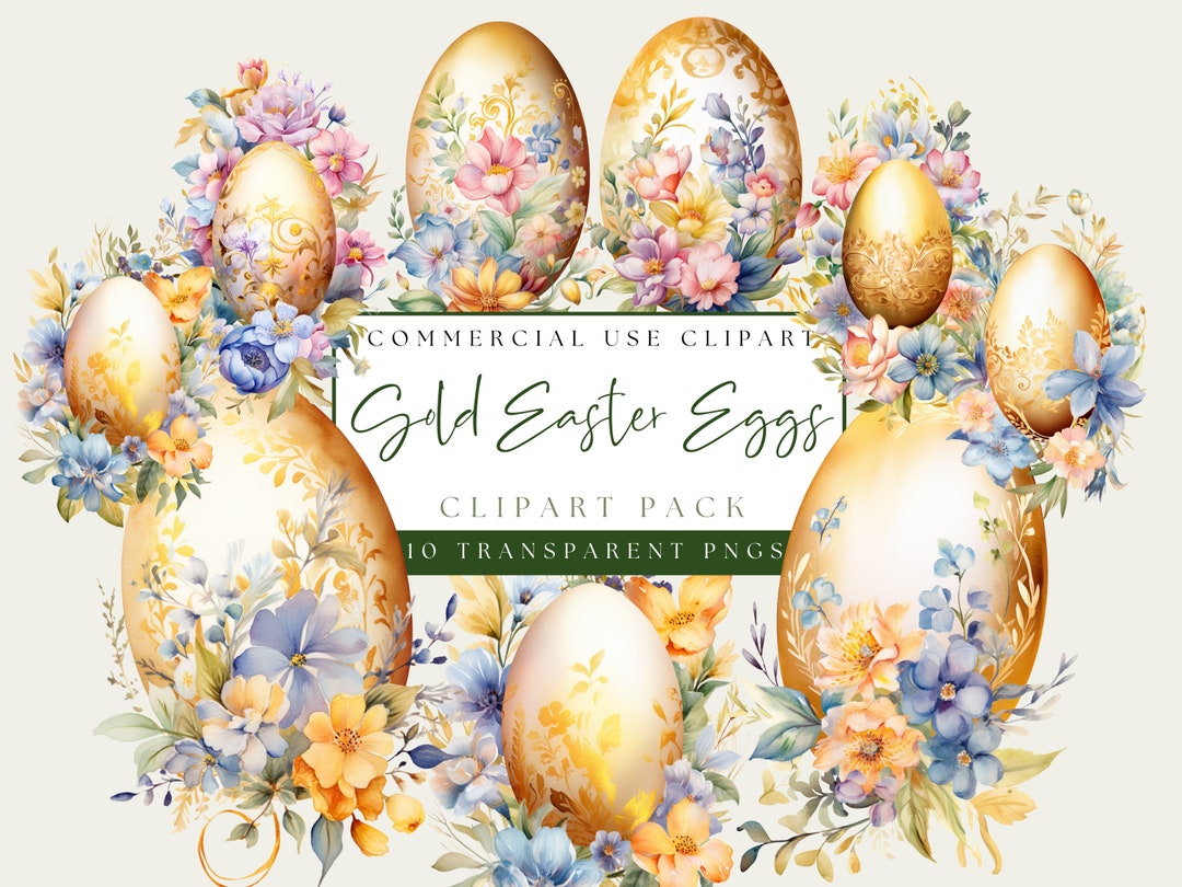 Golden Easter Egg Clipart. Watercolor Gold and Floral Eggs. Transparent ...
