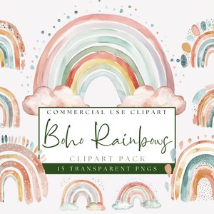 Neutral Boho Rainbow Clipart. Pastel Nursery Clip Art Pack. Watercolor ...