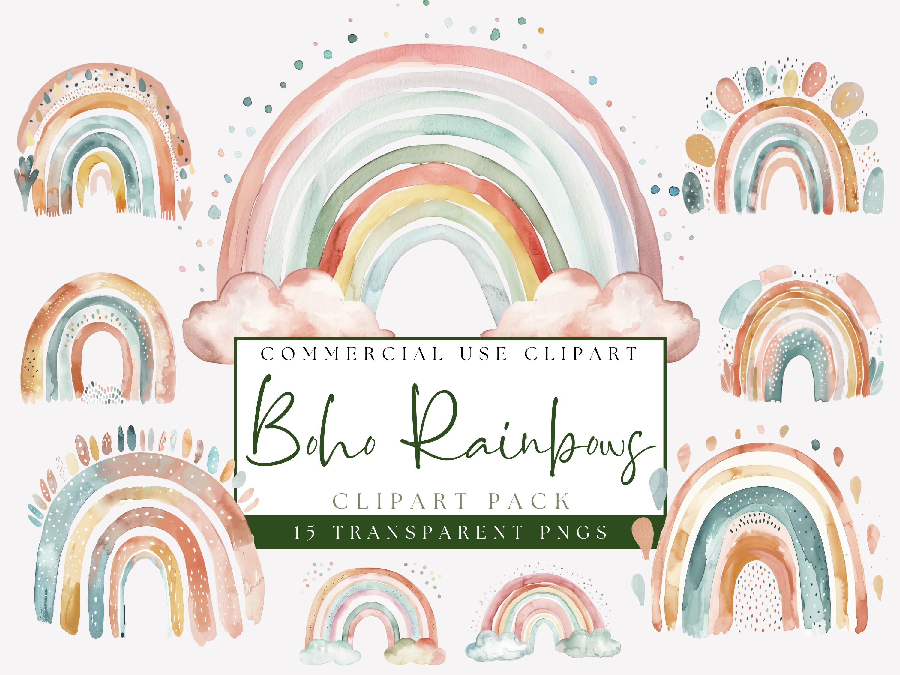 Neutral Boho Rainbow Clipart. Pastel Nursery Clip Art Pack. Watercolor ...