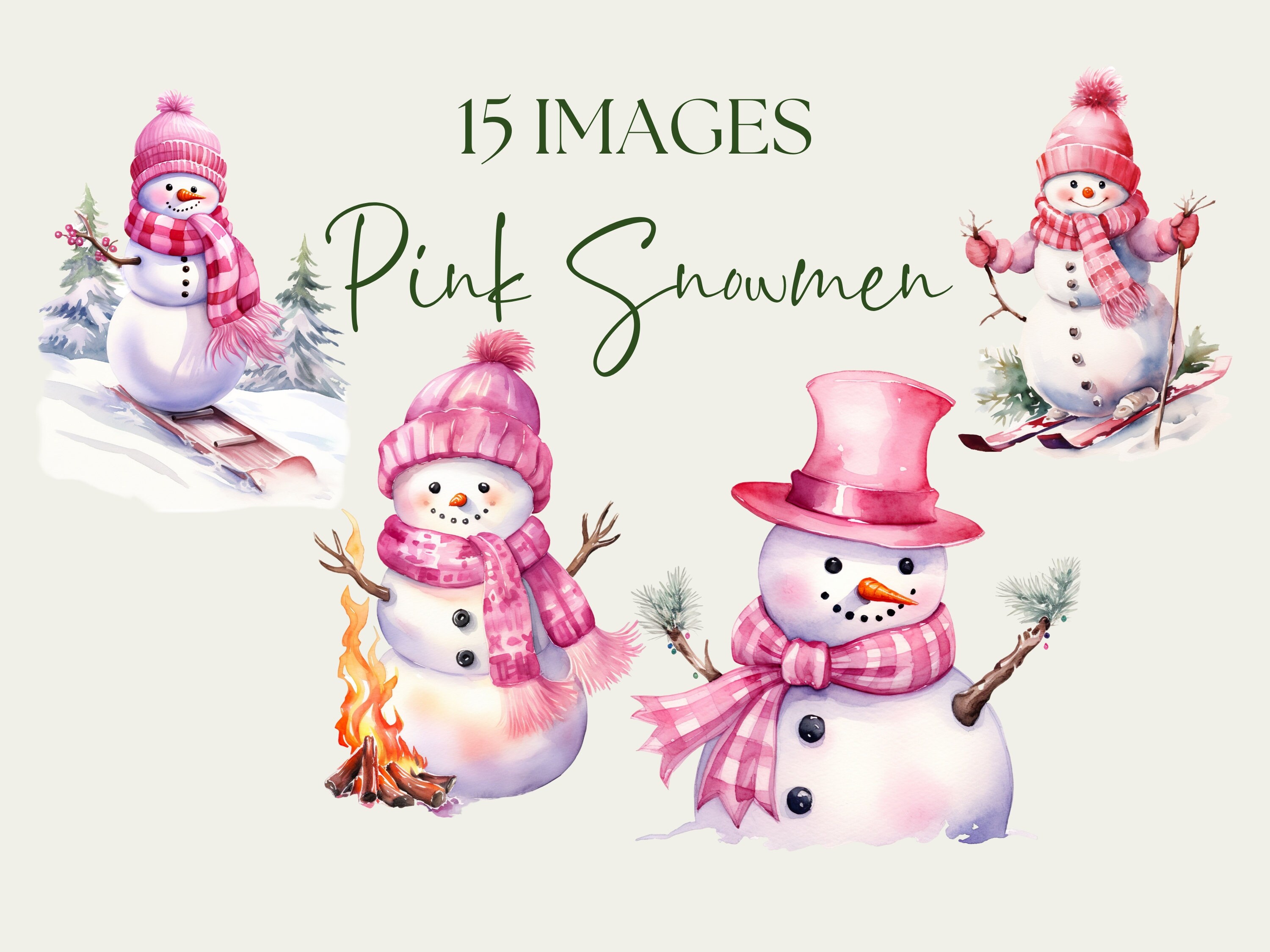 Pink Snowman Clip Art. Pink Watercolor PNG Bundle. Holiday Designs ...
