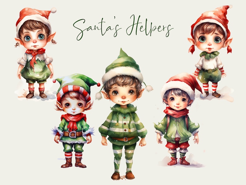Christmas Elves Clip Art. Watercolor Santa's Helpers Xmas PNG. Holiday ...