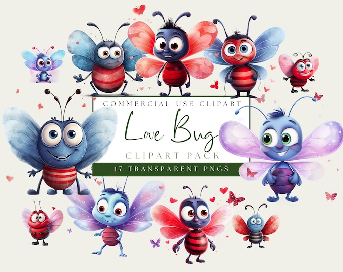 Cute Love Bug PNG Clipart Bundle, Transparent Backgrounds, Digital ...