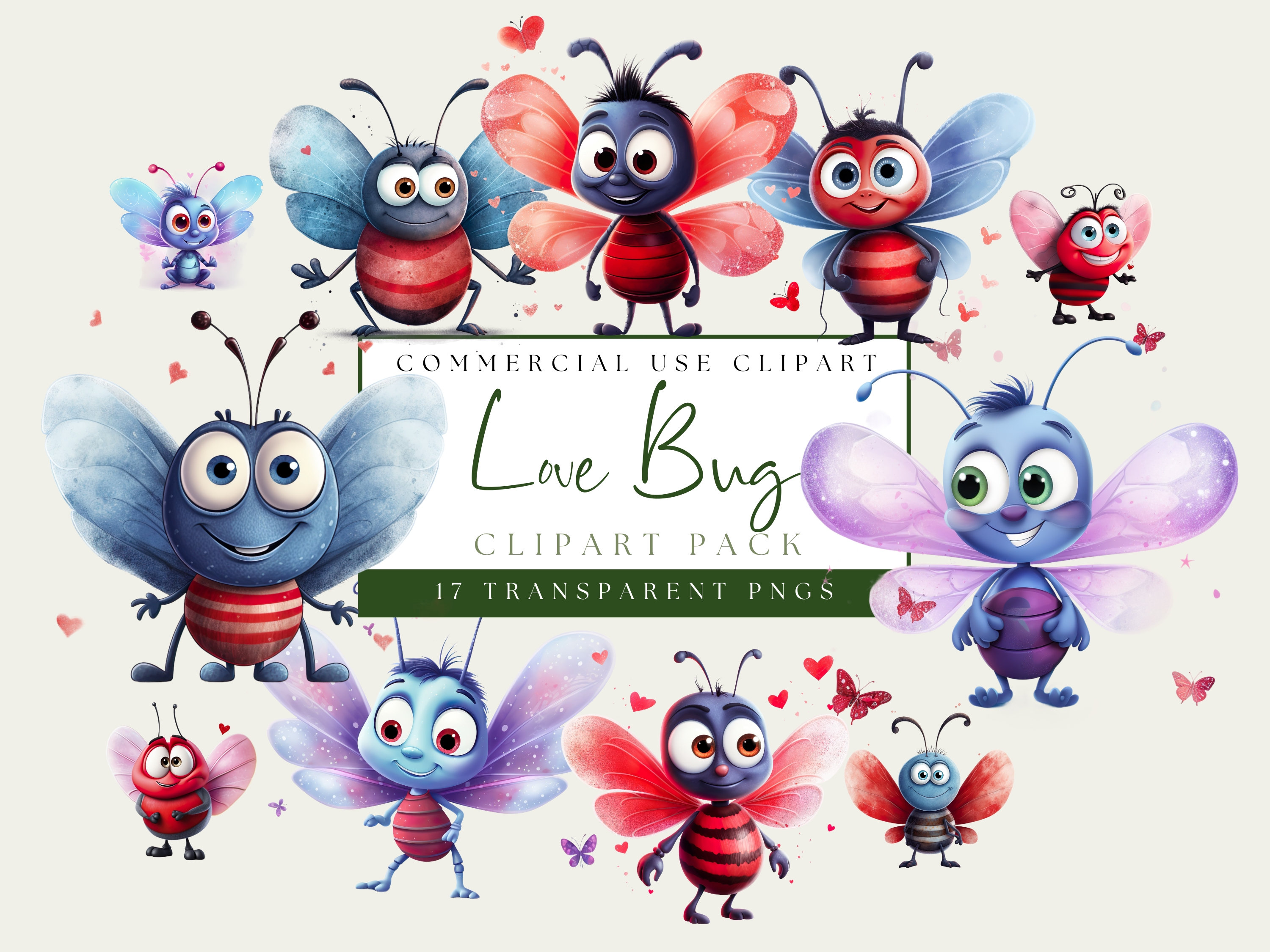 Cute Love Bug Clipart Bundle. High Quality PNG Files. Commercial Use ...