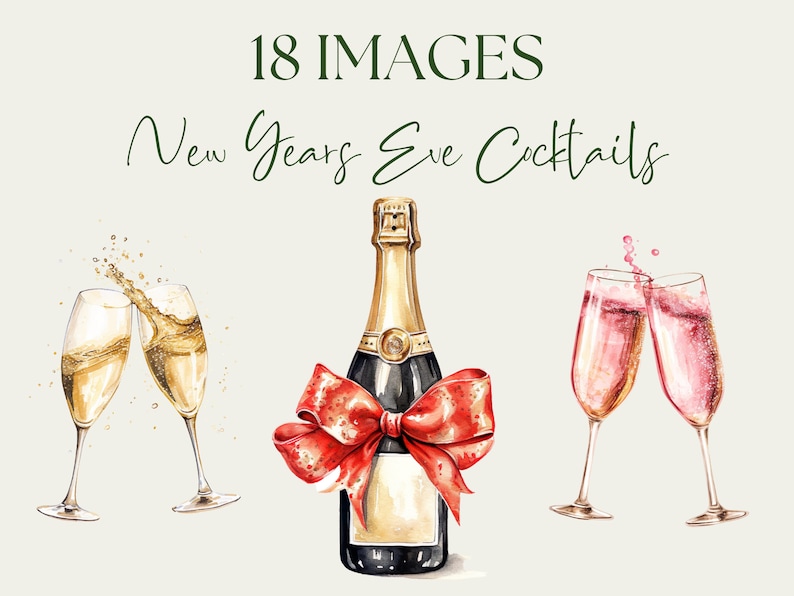 New Years Eve Cocktail Clip Art. Champagne Flutes & Bottles. Holiday ...