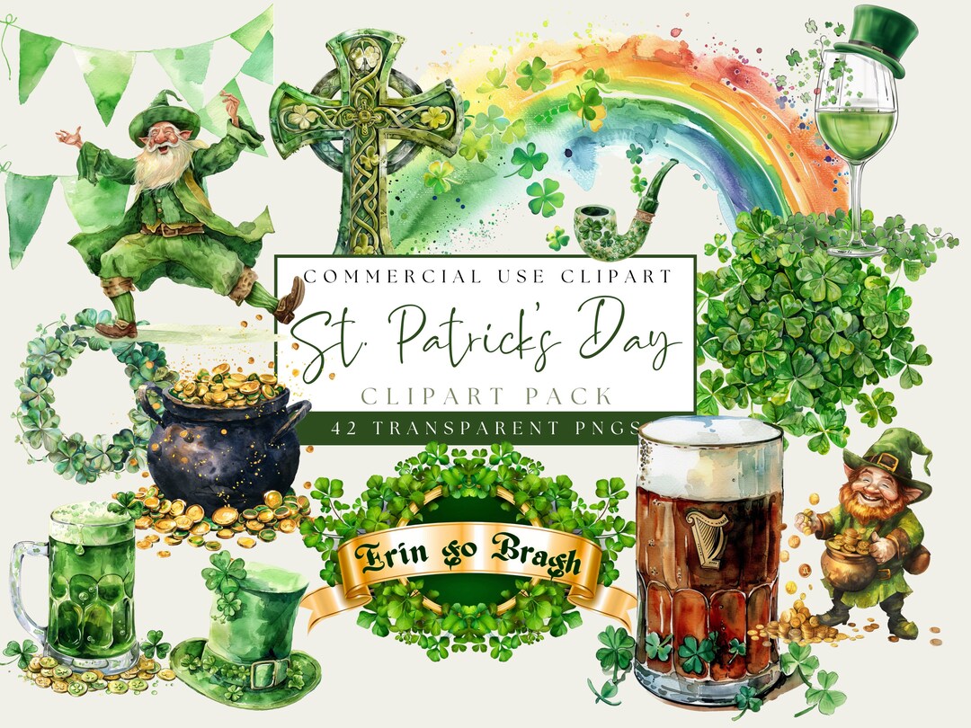 Watercolor Clipart St Patrick's Day. Pot of Gold Rainbow Leprechaun ...
