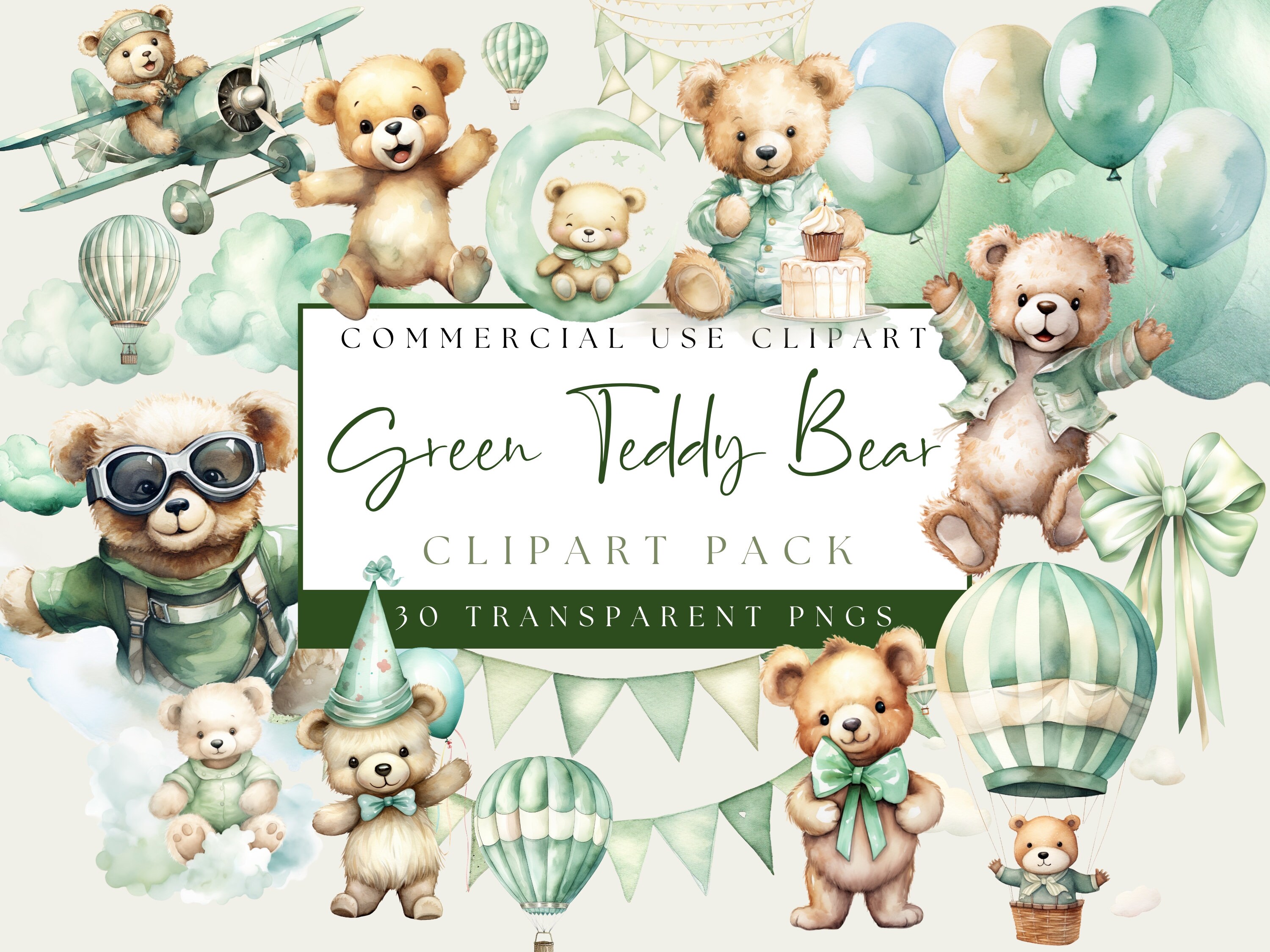 Neutral Teddy Bear Watercolor Clip Art. Nursery Clipart Pack. Baby ...
