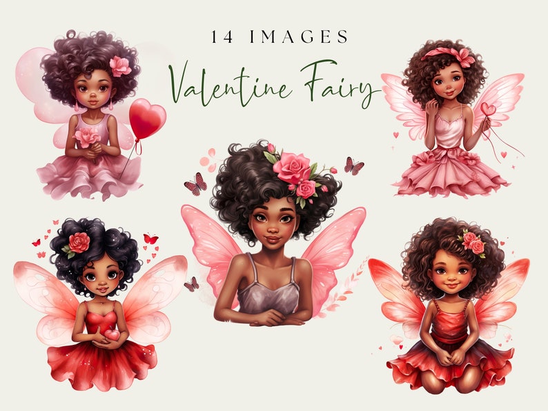Valentine Fairy Clipart. Dark Skin Fairy Bundle. Fantasy Art PNG. Black ...