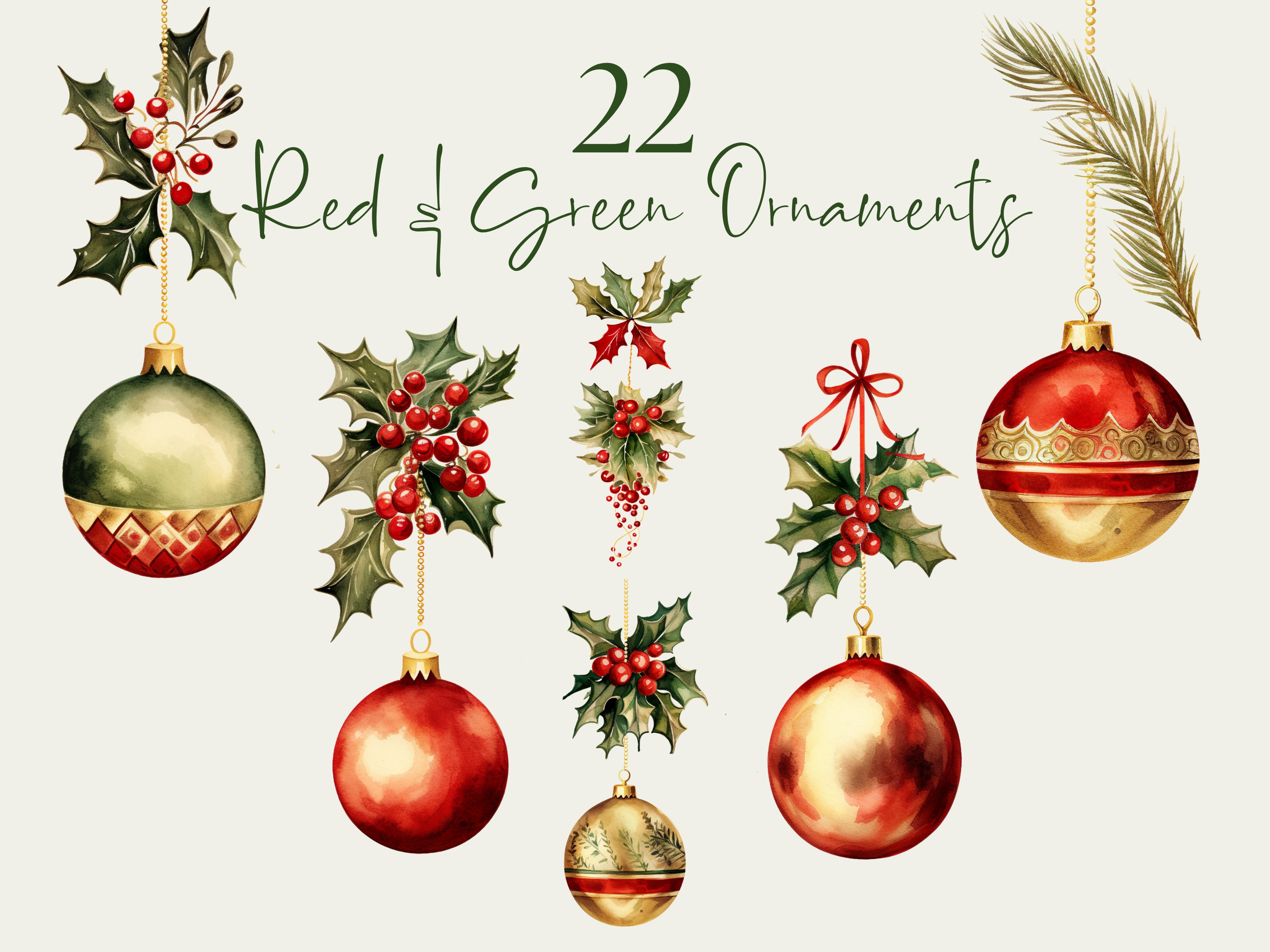Watercolor Christmas Ornaments Clip Art. Red and Green Xmas Baubles PNG ...