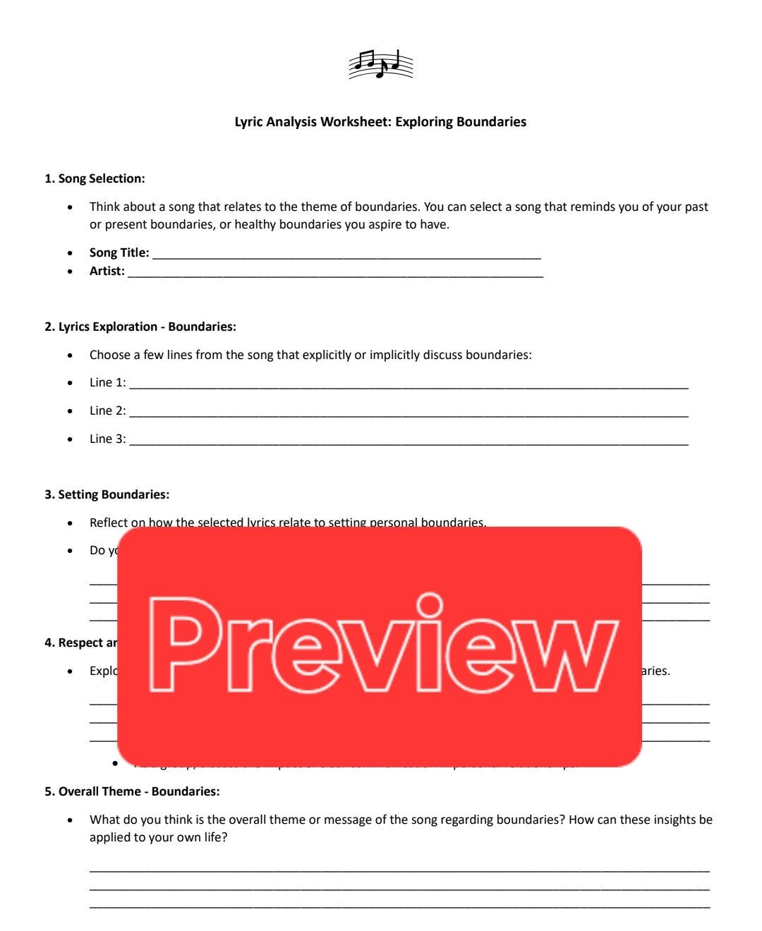 Lyric Analysis Worksheet: Exploring Boundaries - Etsy