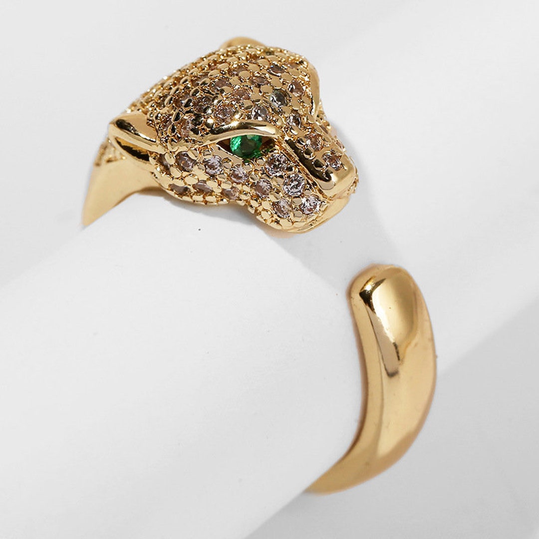 Gold Panther Jaguar Diamond Ring, Panther Ring for Women, Micro Pave Set Emerald Ring Diamond ...