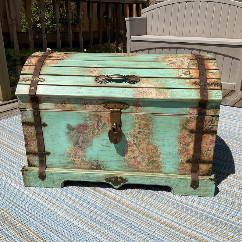 Large Hand Painted Wooden Treasure Chest Storage Box ~ Stunningly ...