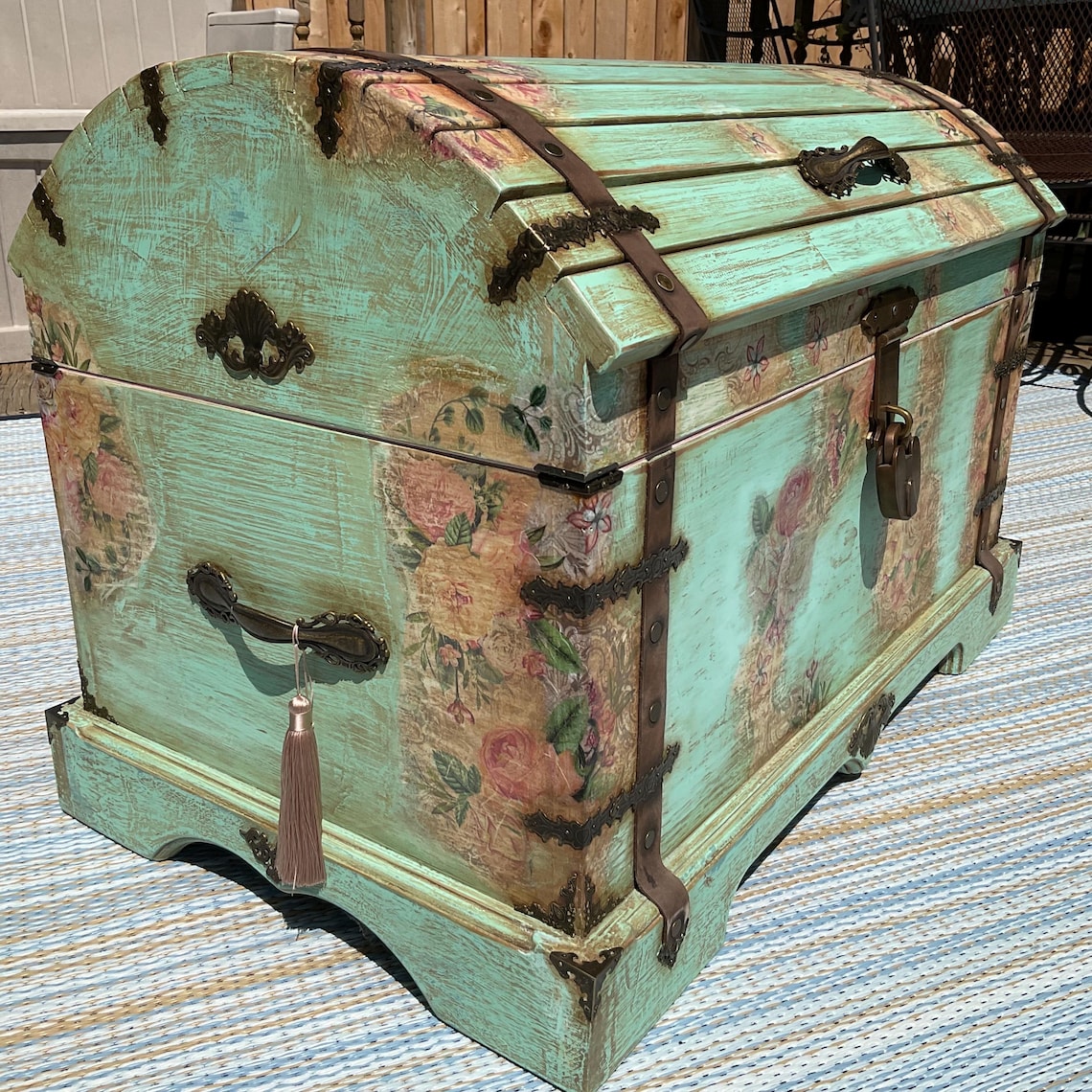 Large Hand Painted Wooden Treasure Chest Storage Box Stunningly ...