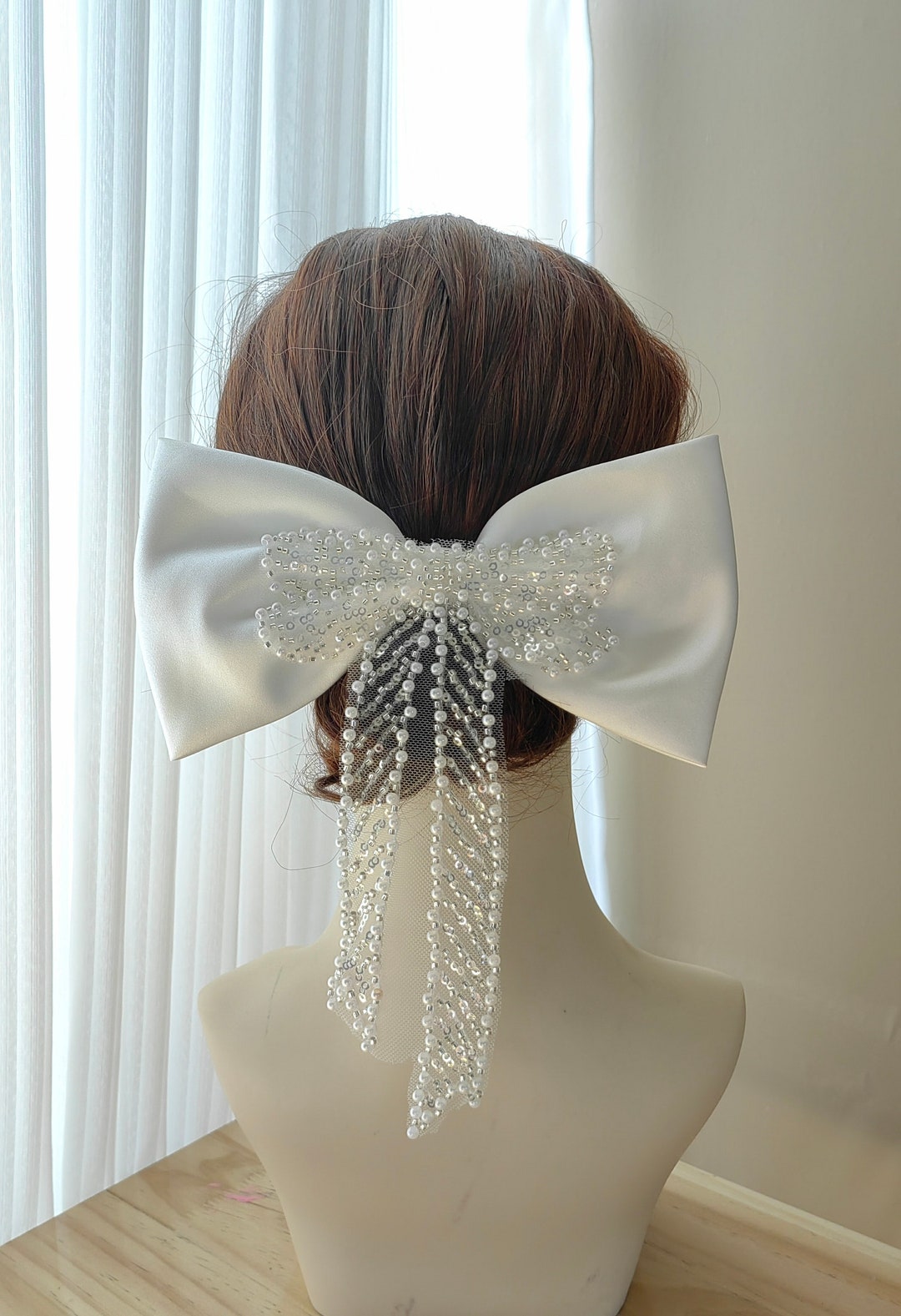 Satin Real Pearl Bow, Bridal Bow, Large Bow With Hair Clip, Gift for ...
