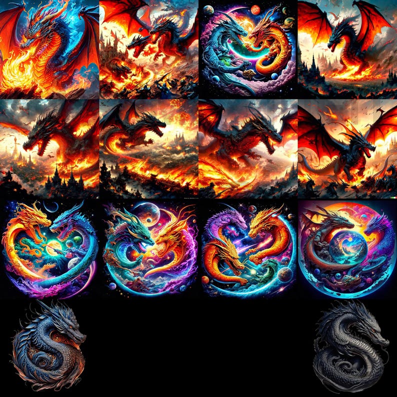 Dragon Clipart PNG Bundle, Flying Fire Dragons, Fantasy Mythical ...