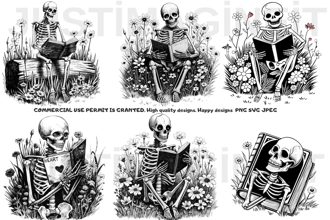 Floral Skull Reading Skeleton SVG PNG Jpeg, Gothic Book Lover Clipart ...