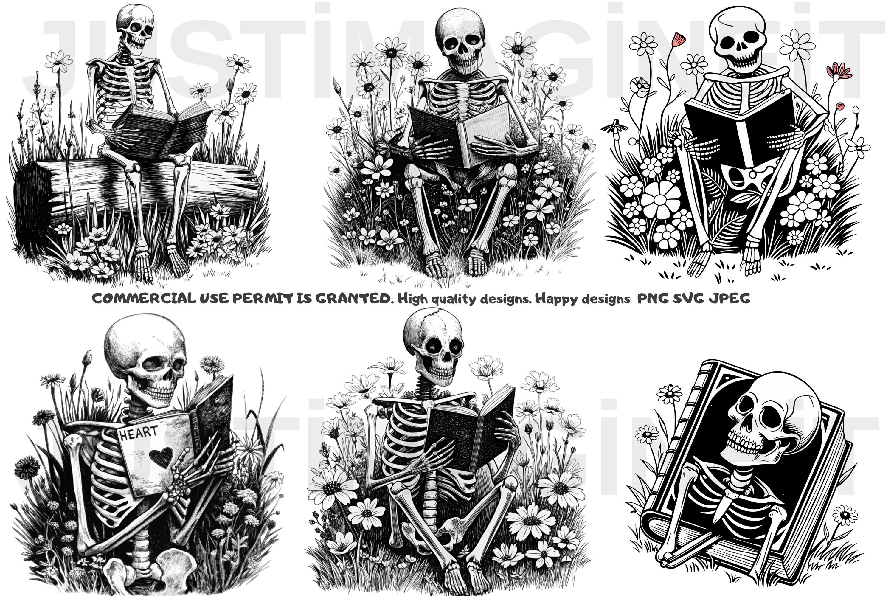 Floral Skull Reading Skeleton SVG PNG Jpeg, Gothic Book Lover Clipart ...