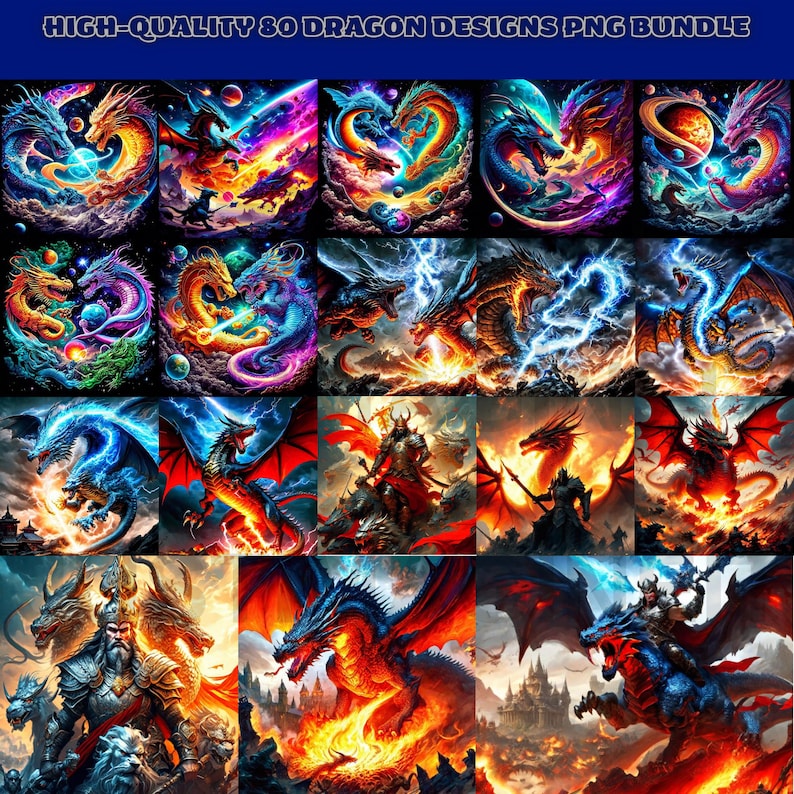 Dragon Clipart PNG Bundle, Flying Fire Dragons, Fantasy Mythical ...