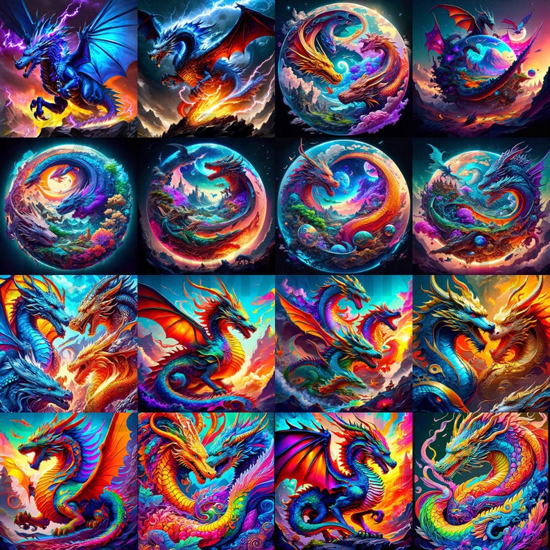Dragon Clipart PNG Bundle, Flying Fire Dragons, Fantasy Mythical ...