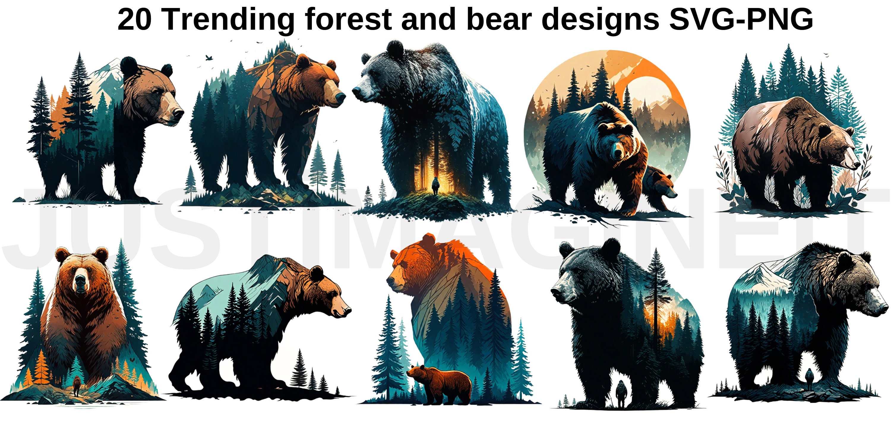 Bear SVG Bundle, Mountains Pine Trees Grizzly Bear SVG, Mama Bear Silhouette, Snowy Winter Scene ...