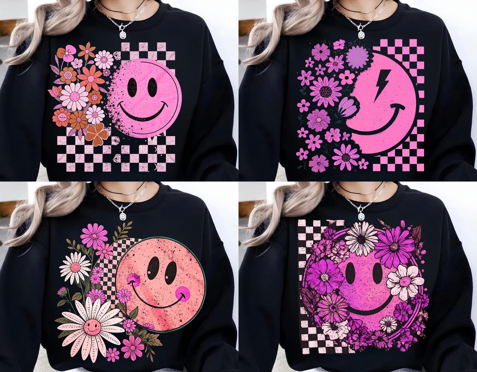 4-retro Smiley Face Png Bundle,smiley Boho Floral Fall Png,happy Face ...
