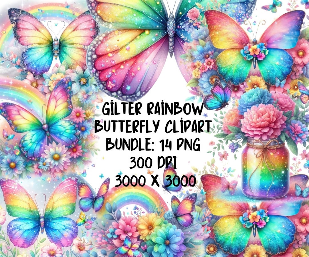 14 Butterfly Rainbow Glitter Watercolor Clipart,sparkling Rainbow ...