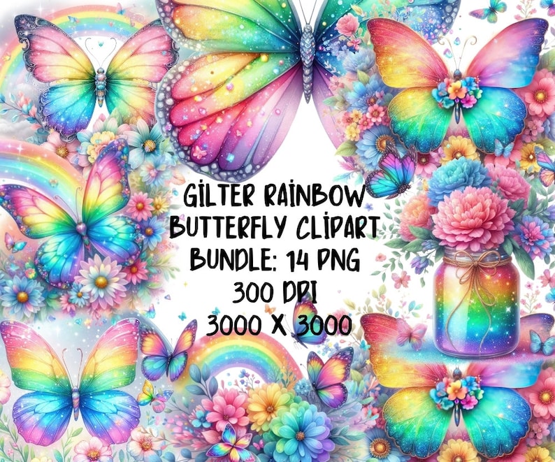 14 Butterfly Rainbow Glitter Watercolor Clipart,sparkling Rainbow ...