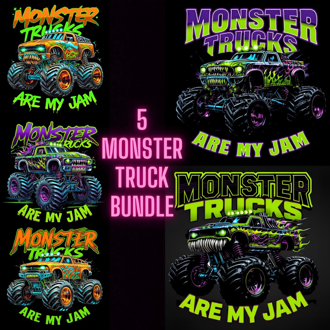5 Monster Trucks Are My Jam Png Bundle,monster Truck Colorful Graffiti ...