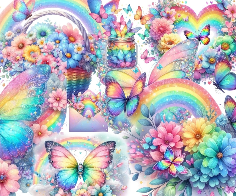 14 Butterfly Rainbow Glitter Watercolor Clipart,sparkling Rainbow ...