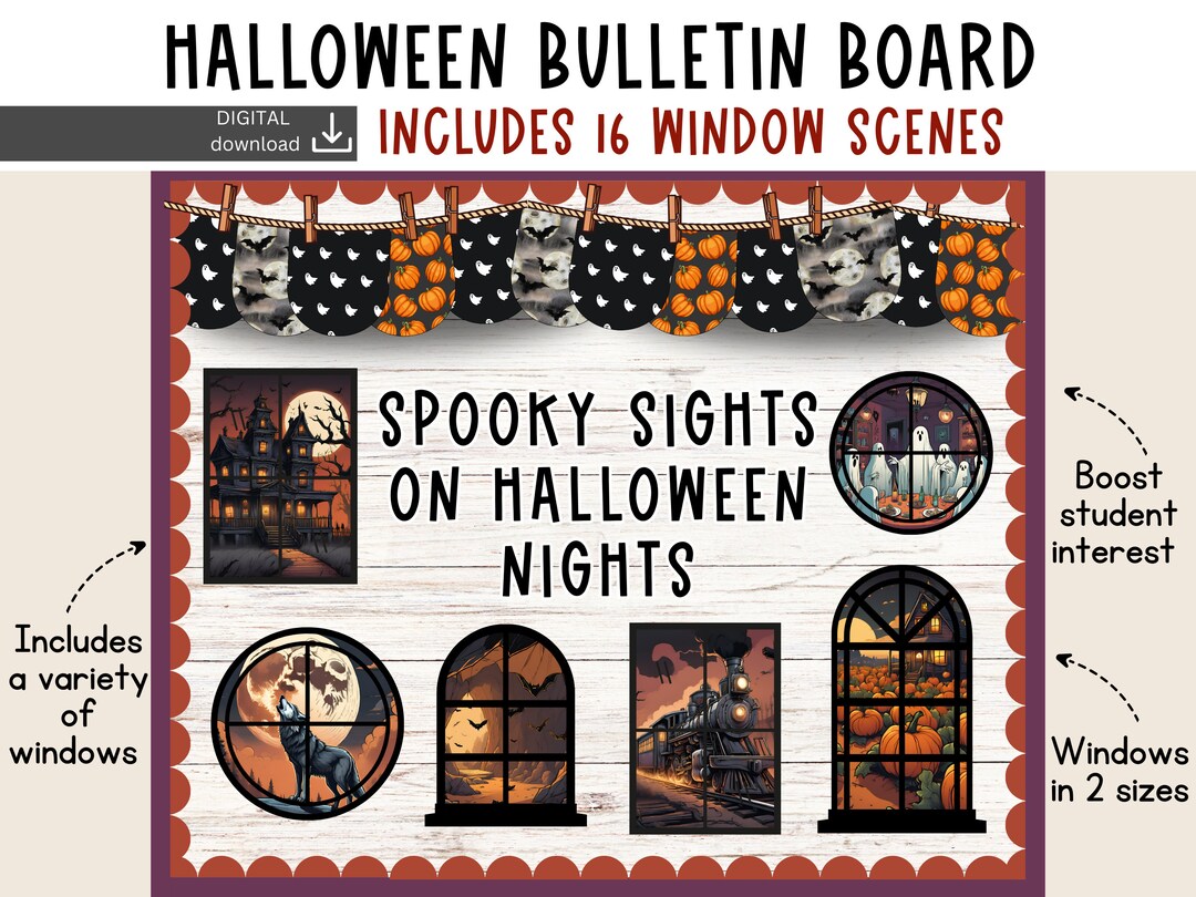 Halloween Bulletin Board | Spooky Window Scenes Display Kit | Classroom ...