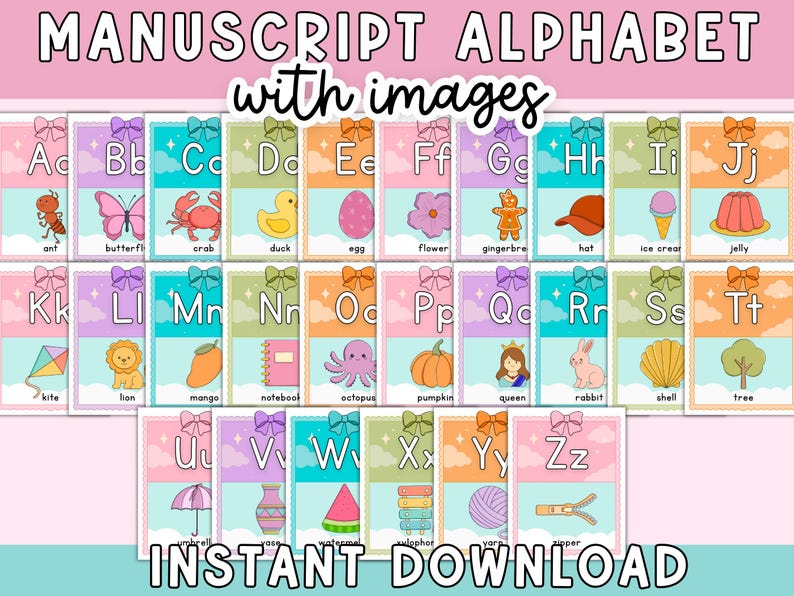 Coquette Classroom Alphabet Posters: Bow Decor, Pastel Colors (PDF ...