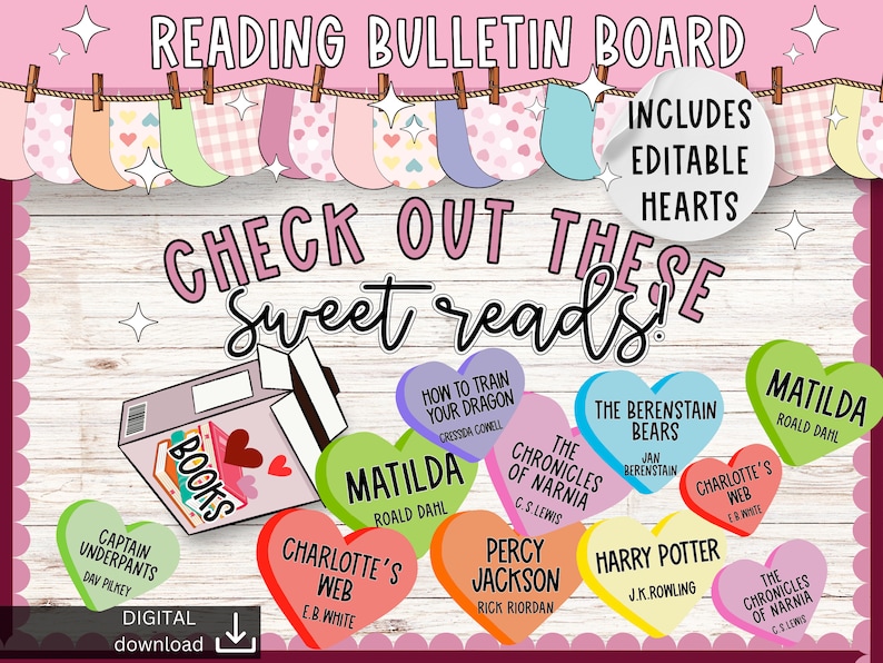 Library Valentine Bulletin Board | Love Hearts Bulletin Kit | Reading ...