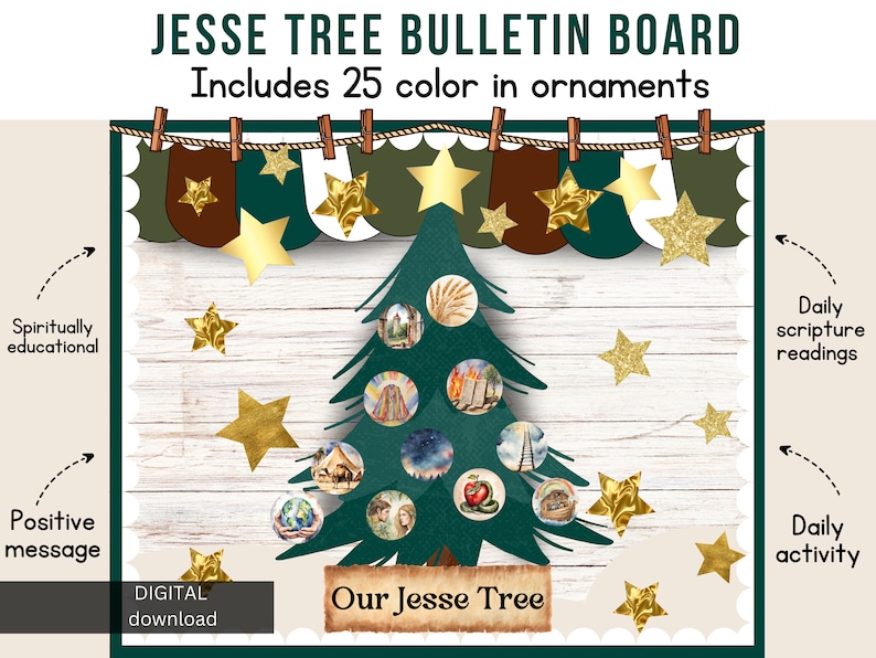 Christian Verse Bulletin Board Kit Jesse Tree Ornaments for Classroom ...