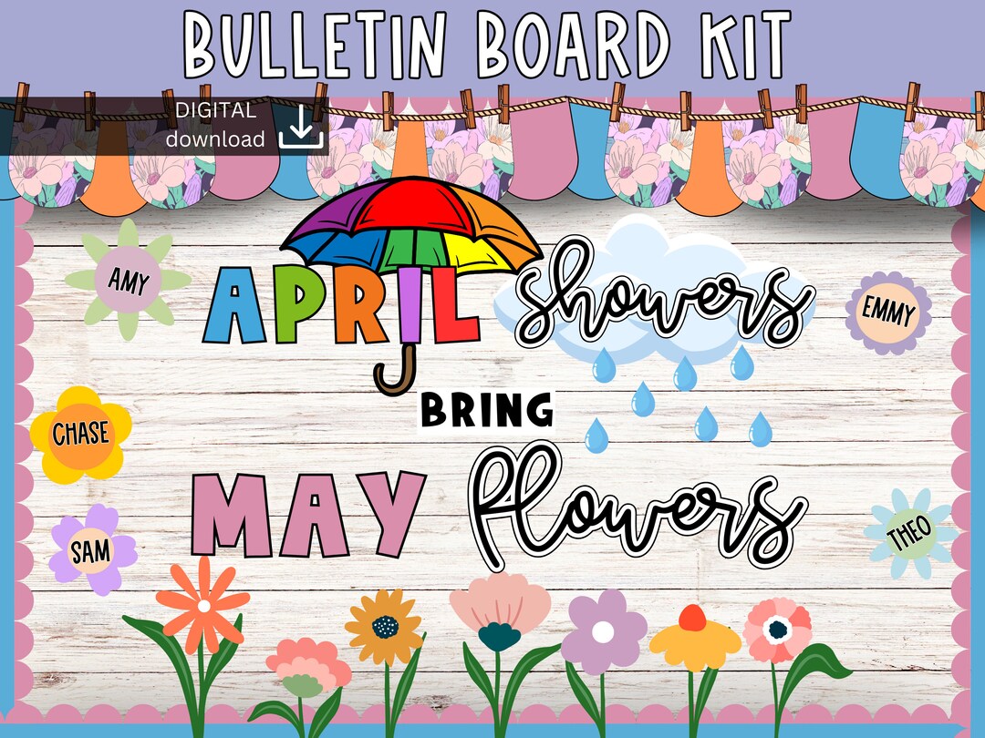 April Showers Bulletin Board | May Flowers Door Decoration | Pastel ...
