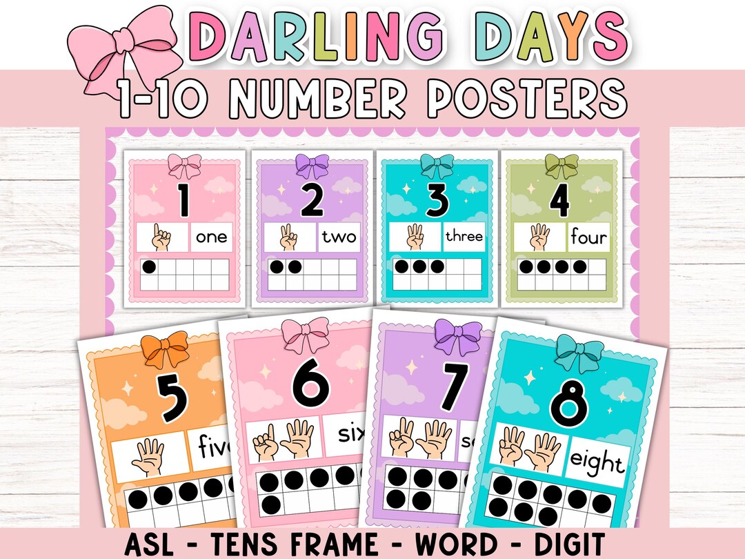 Pastel Number Posters 1-10: ASL, Tens Frame, Classroom Math (PDF ...