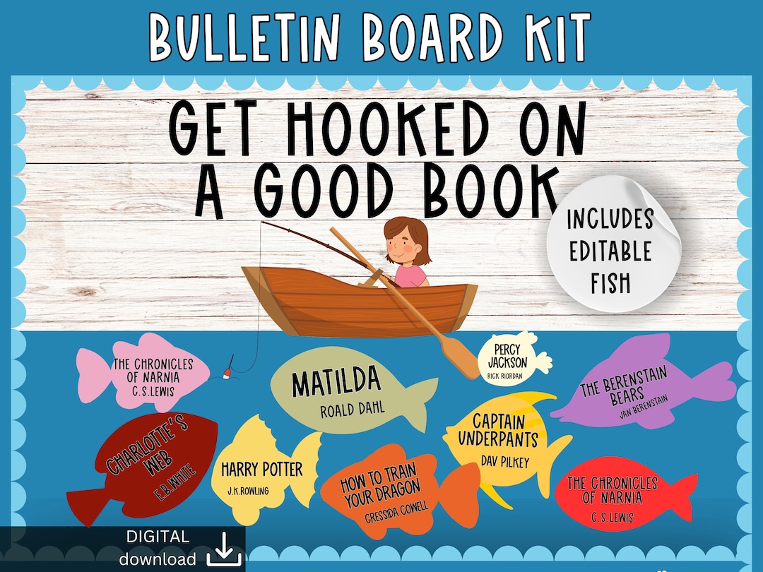 Library Bulletin Board | Hooked on Book Bulletin Kit | Reading Bulletin ...