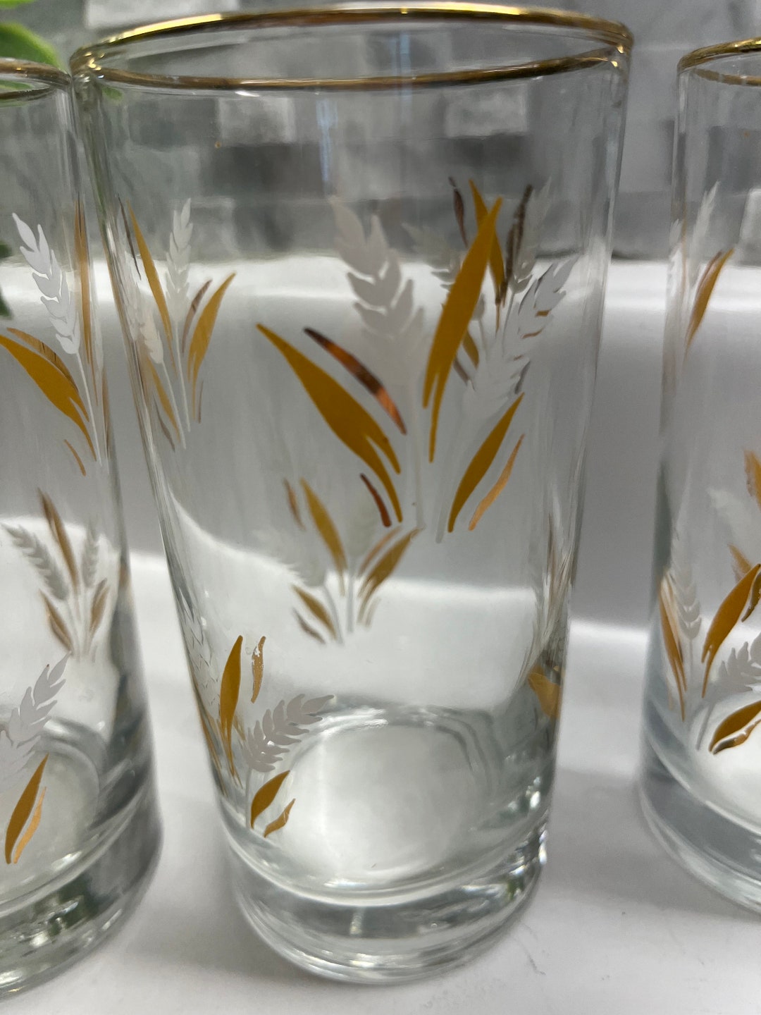 Set of 6 Mid Century Gold Leaf Starlyte Libbey Wheat Tall Cocktail ...
