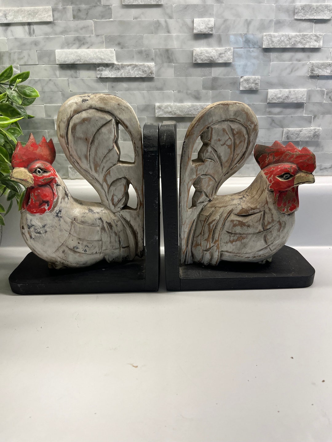 Vintage Wood Carved Rooster Bookends Pair Folk Art Country Farmhouse ...